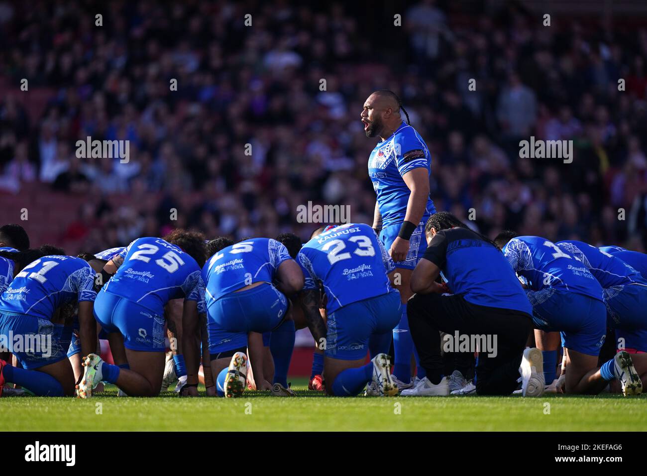 Samoa perform a Siva Tau prior to the Rugby League World Cup semi-final ...