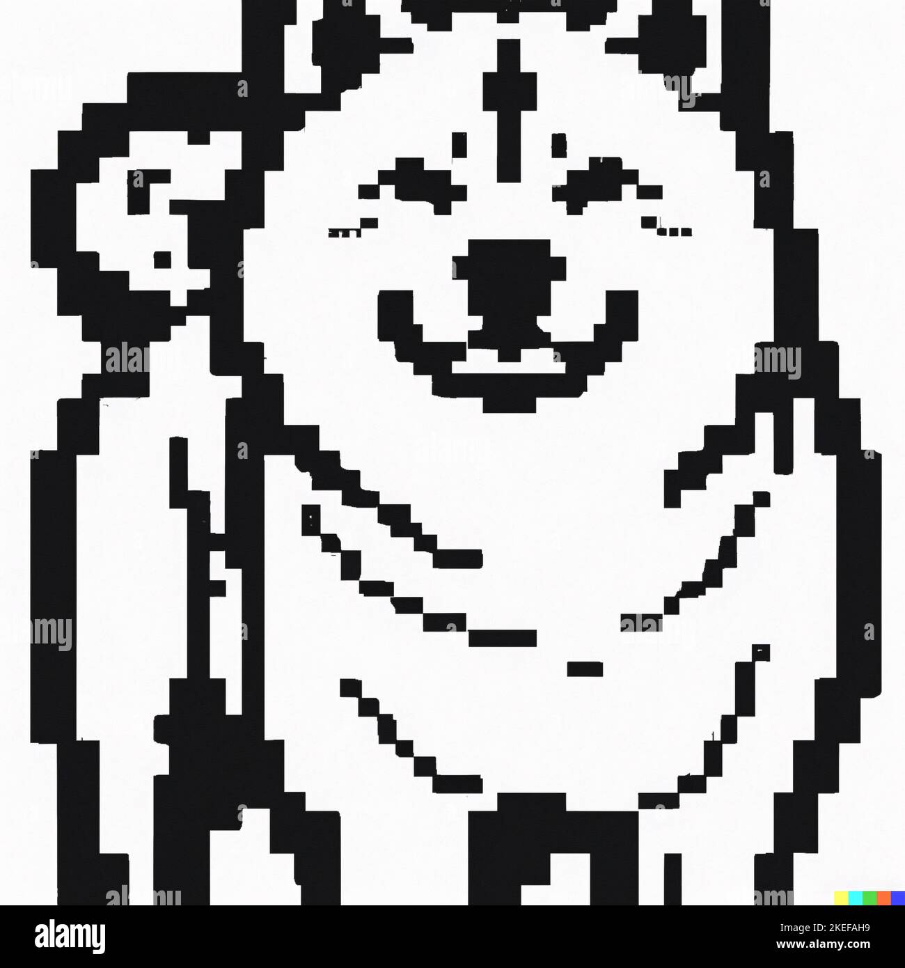 A black pixel drawing of a smiling Shiba Inu dog on white background ...