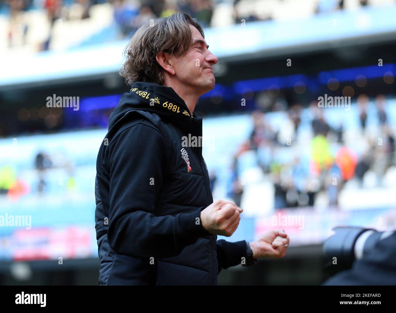 Brentford manager Thomas Frank celebrates at the final whistle ...