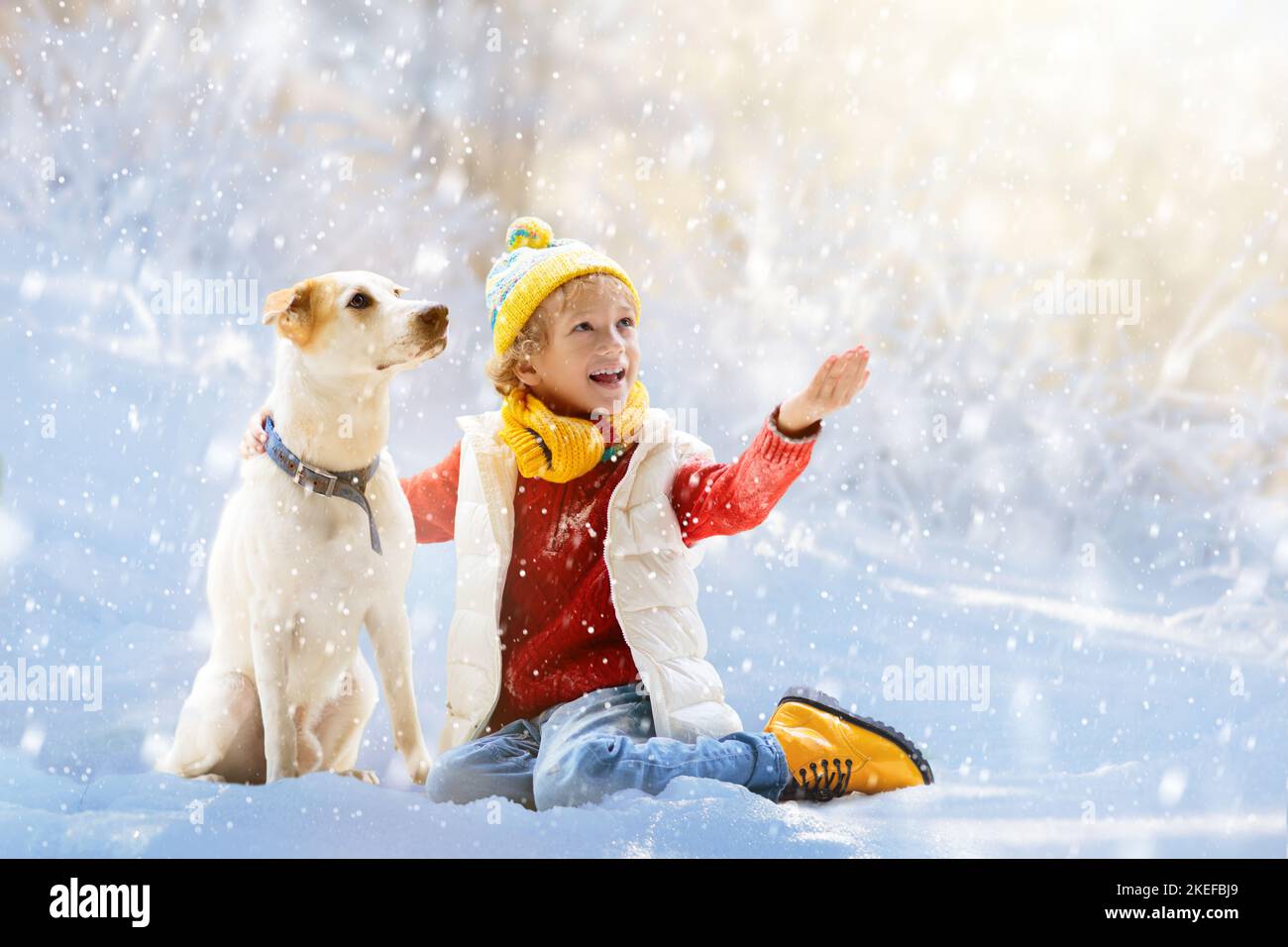 Child playing with dog in snow. Winter outdoor fun. Little boy and his ...