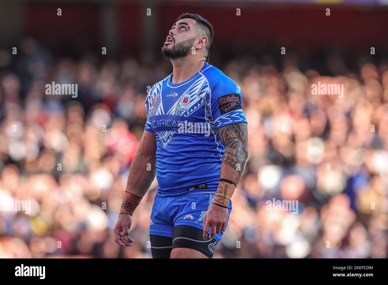 London, UK. 12th Nov, 2022. Royce Hunt of Samoa looks to the sky as ...