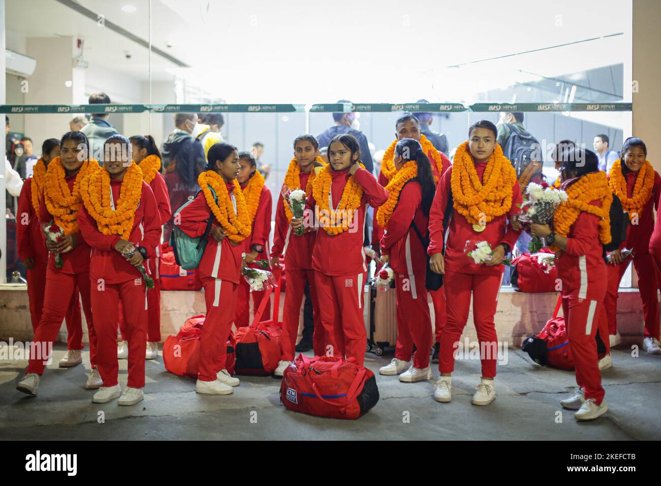 Nepal. 12th Nov, 2022. The Nepali under-15 girls squad arrives in Nepal ...