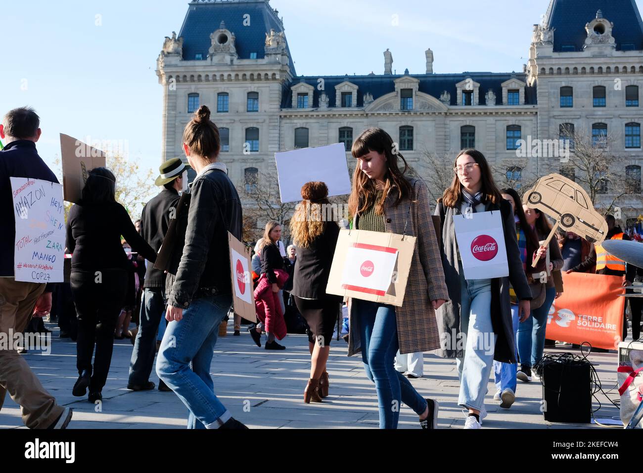 Paris, France, November 12, 2022. Environmental activists carry signs ...