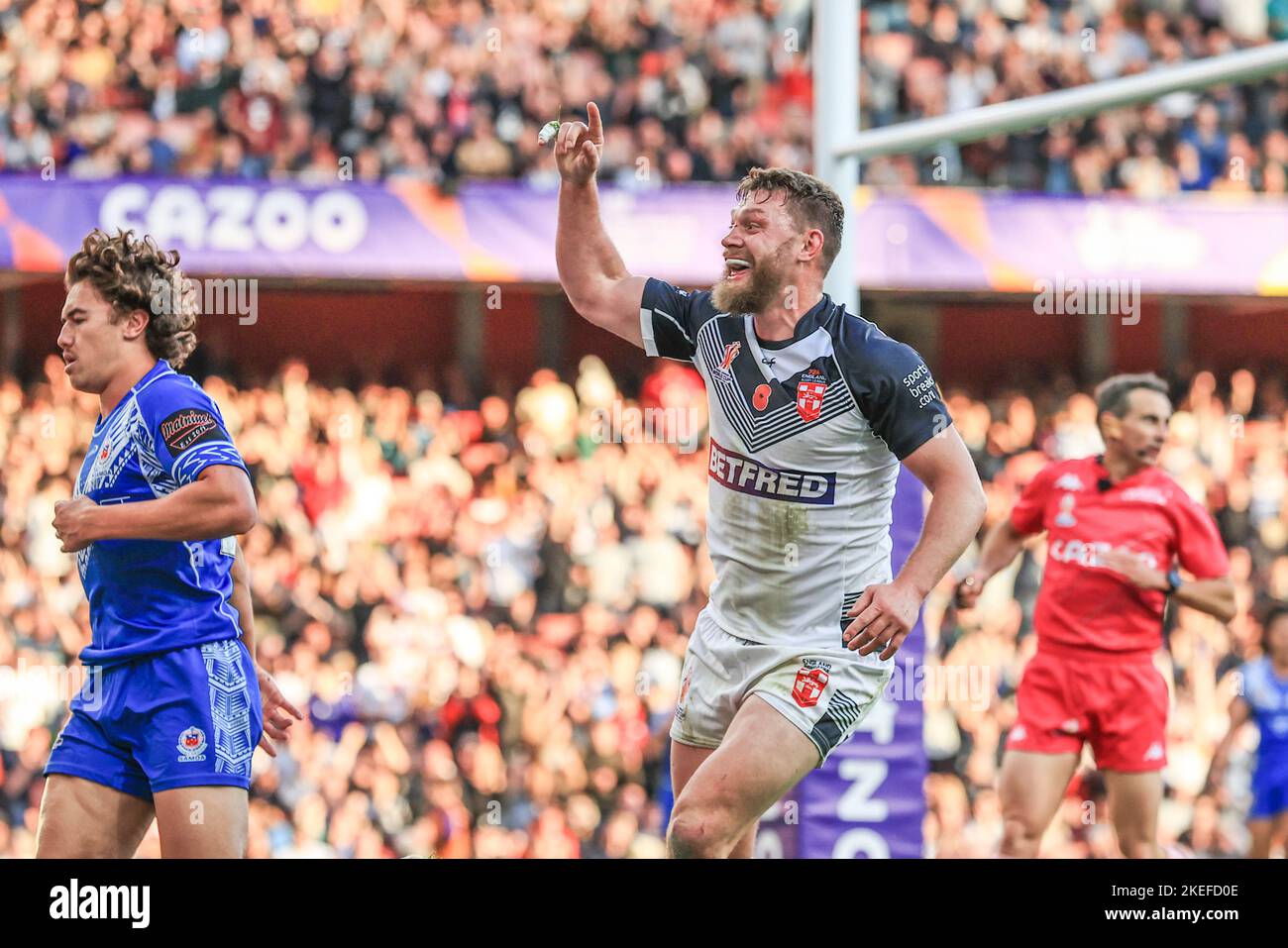 Elliott Whitehead of England celebrates their try during the Rugby ...