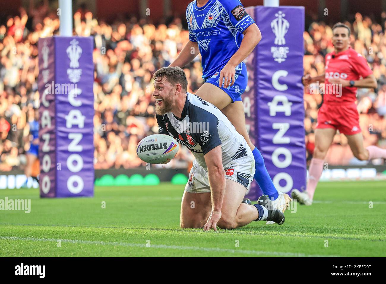 Elliott Whitehead of England celebrates their try during the Rugby ...