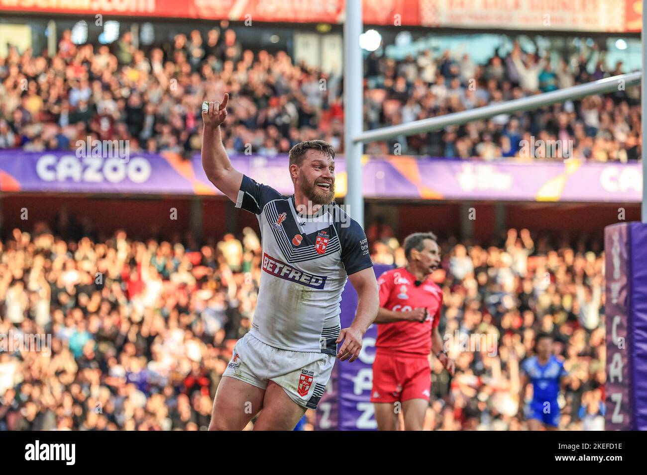 Elliott Whitehead of England celebrates their try during the Rugby ...