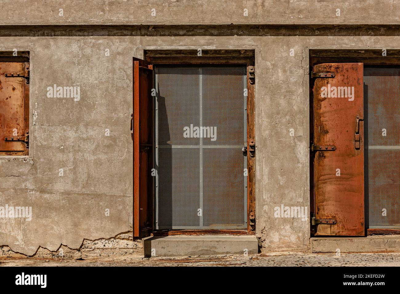 Two old rusty door entrances with metallic nets on an old concrete wall ...