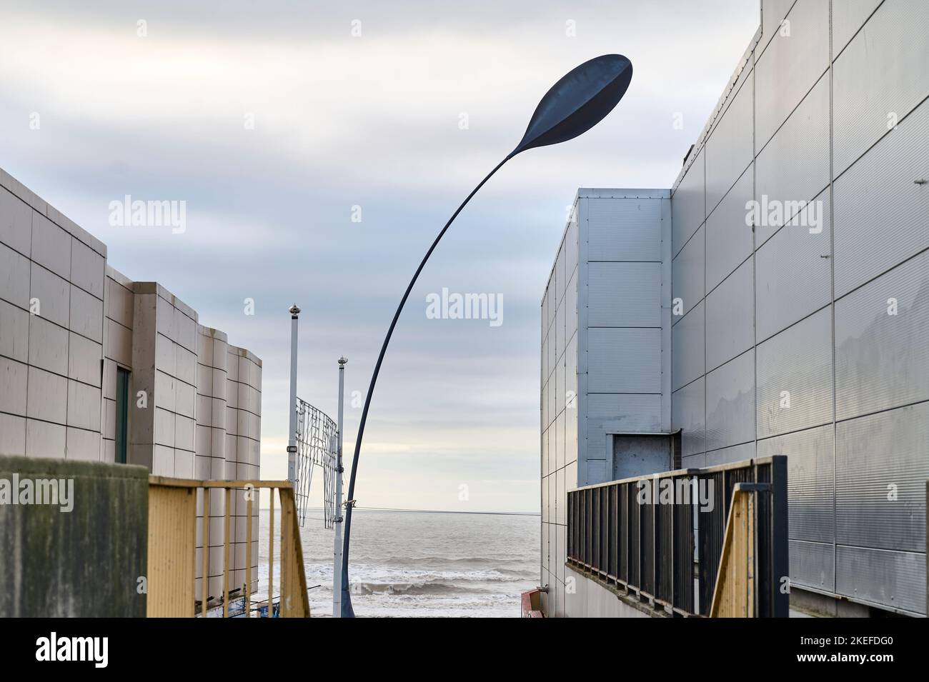 Grey windowless buildings on a grey day off season in Blackpool Stock ...