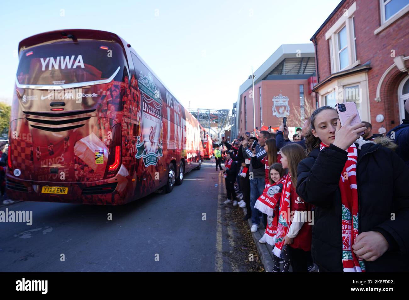 A general view of the Liverpool team bus arriving ahead of the Premier ...