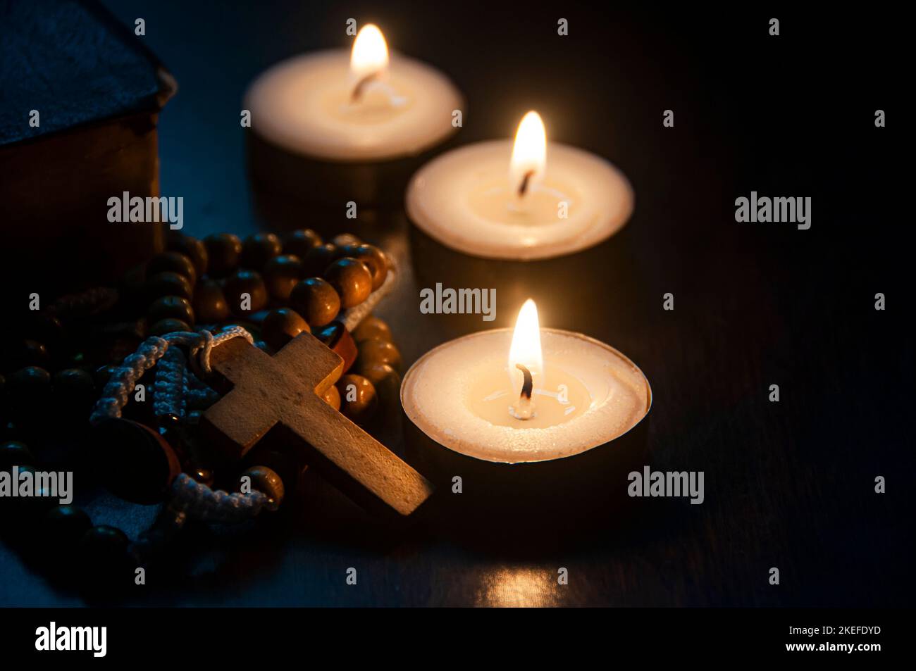 Holy Rosary, Bible and burning candles with customizable space for ...