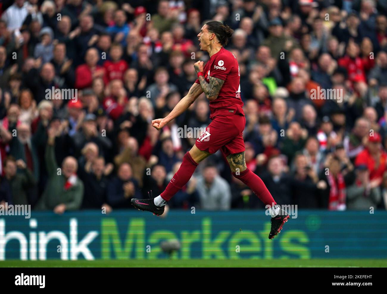 Liverpool's Darwin Nunez celebrates scoring their side's second goal of ...