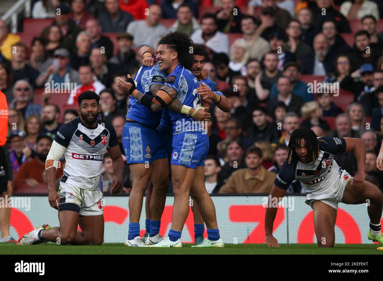 London, UK. 12th Nov, 2022. Ligi Sao of Samoa scores a try to make it 6 ...
