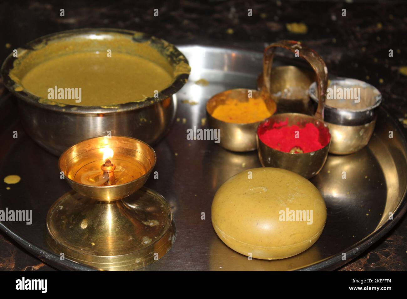 Traditional puja thali with lamp Stock Photo - Alamy