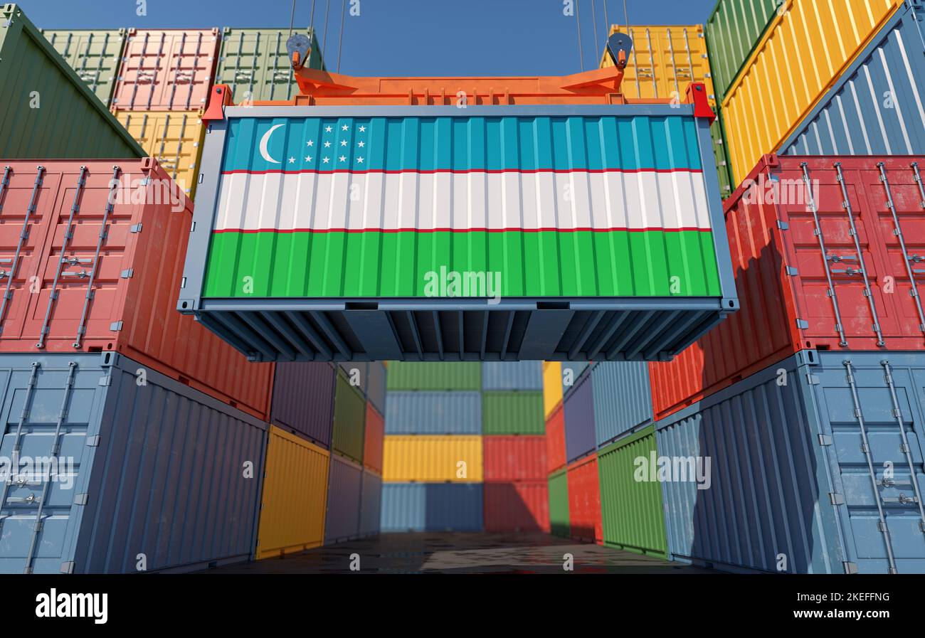 Cargo Container with Uzbekistan national flag design. 3D Rendering ...