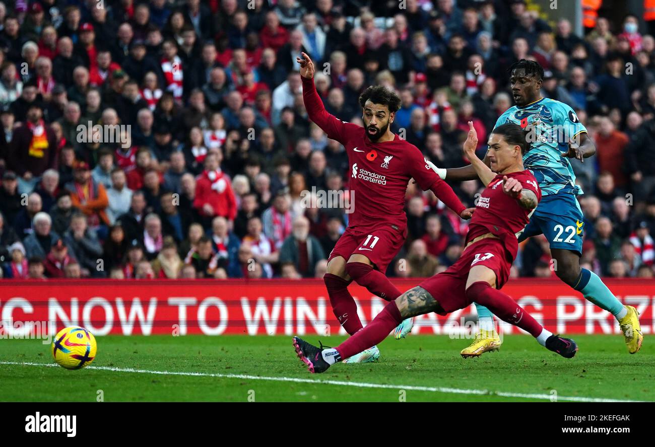 Liverpool's Darwin Nunez scores their side's third goal of the game ...