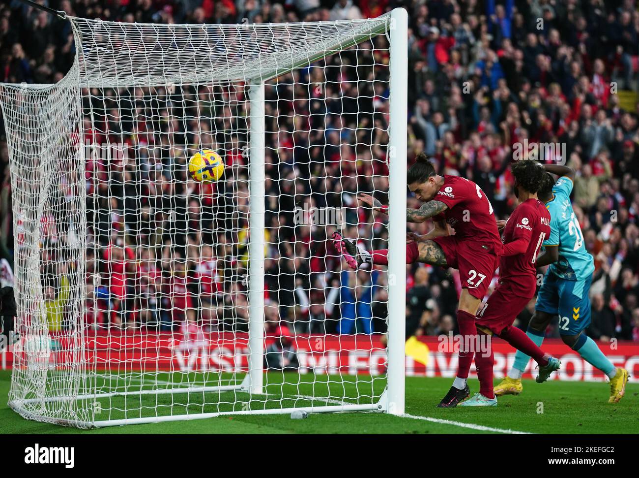 Liverpool's Darwin Nunez celebrates scoring their side's third goal of ...