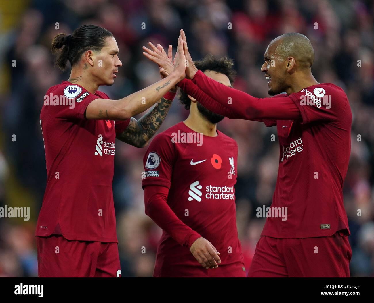 Liverpool's Darwin Nunez celebrates scoring their side's third goal of ...
