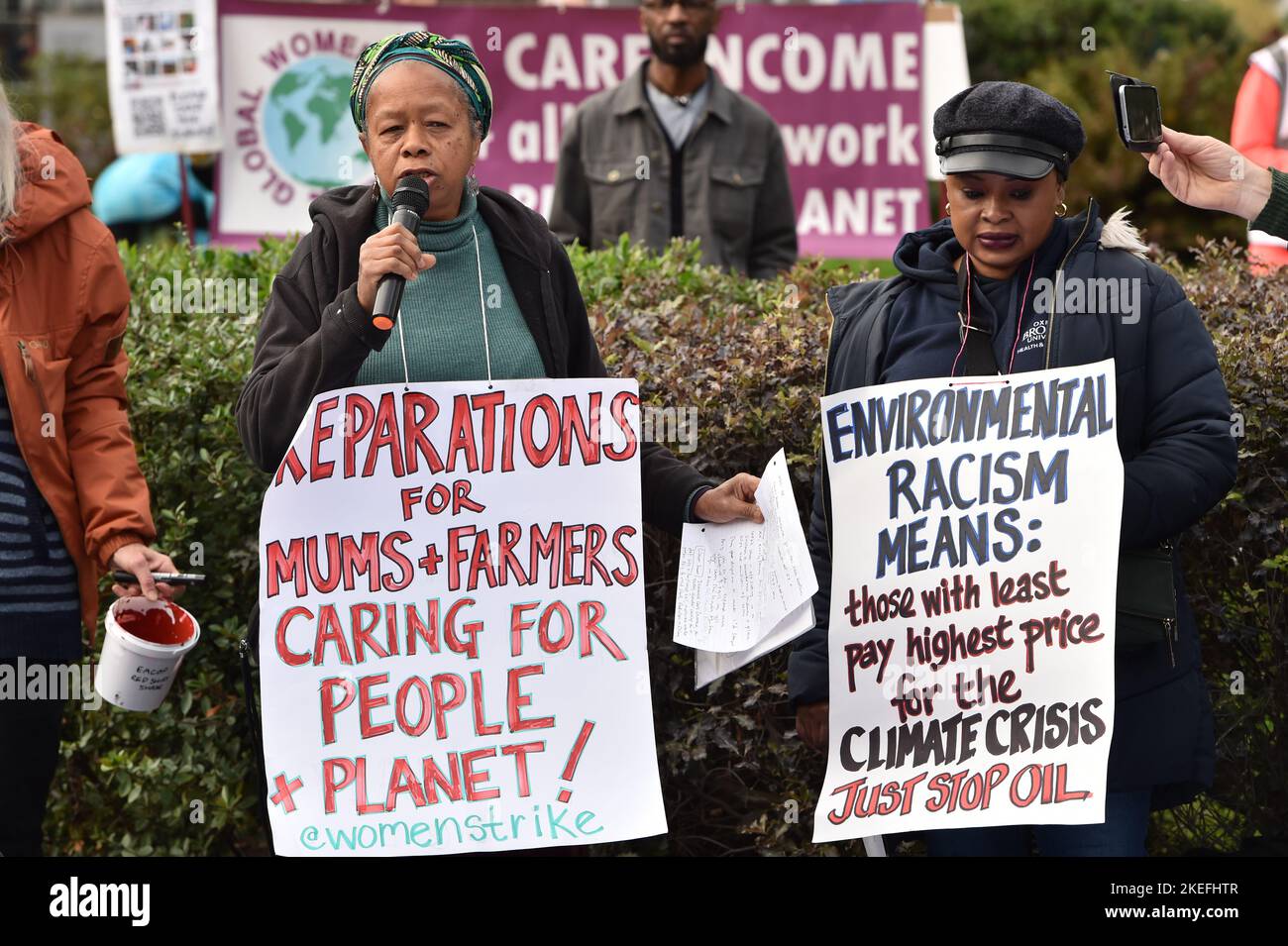 London, England, UK. 12th Nov, 2022. Activists hold banners expressing ...