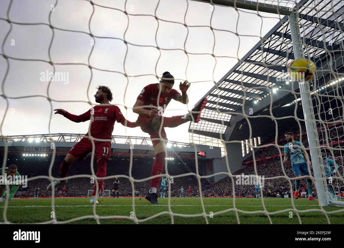 Liverpool's Darwin Nunez celebrates scoring their side's third goal of ...