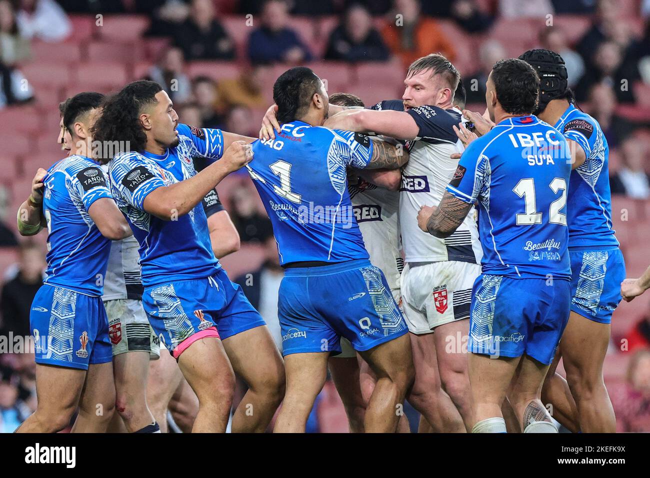 Players clash during the Rugby League World Cup 2021 Semi Final match ...
