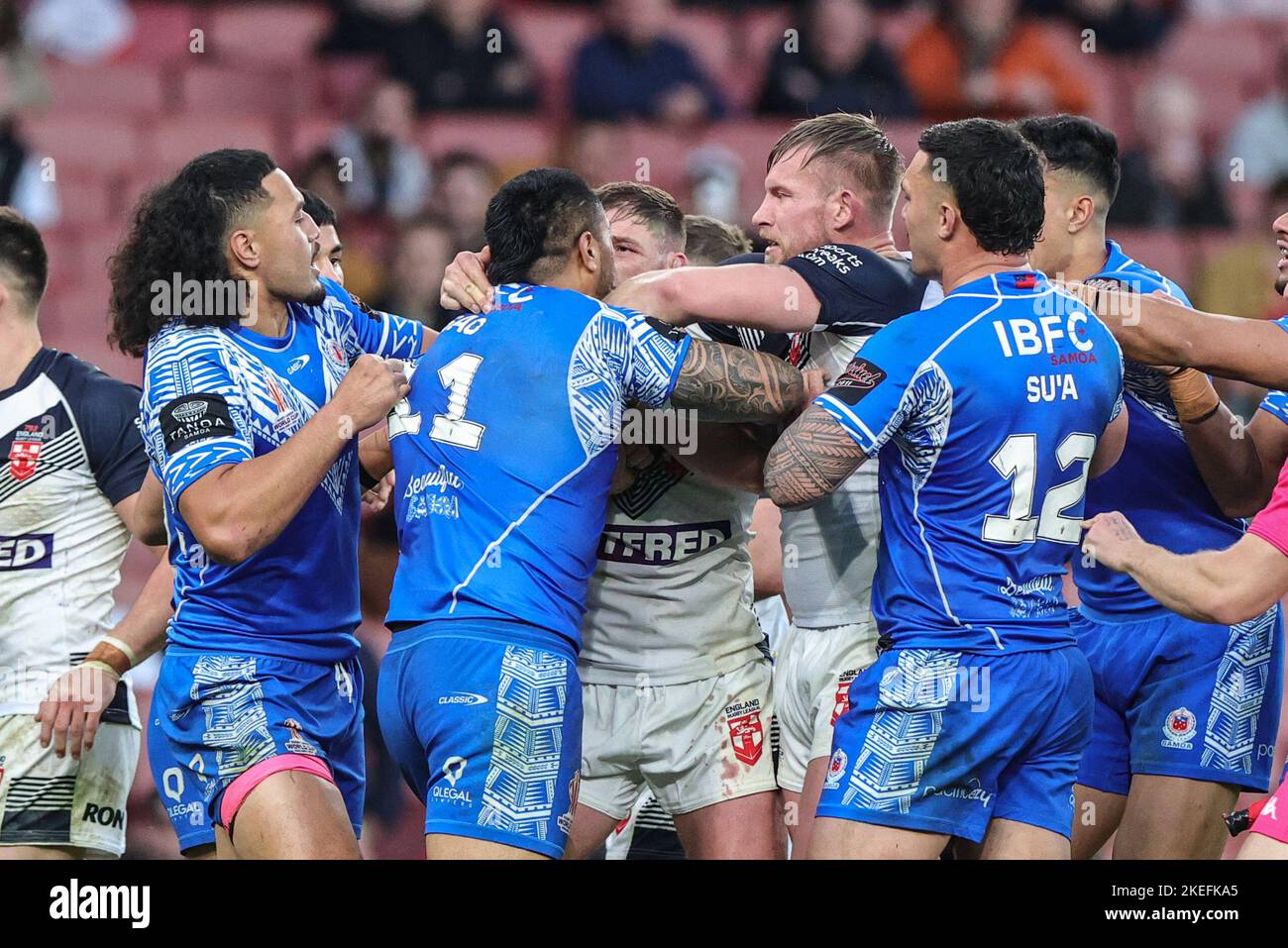 Players clash during the Rugby League World Cup 2021 Semi Final match ...