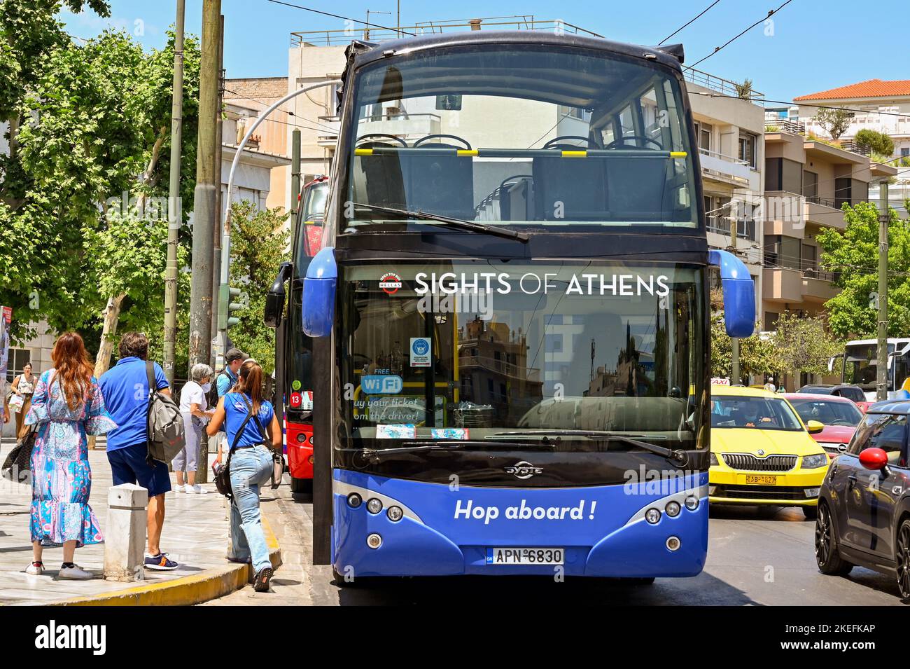 Athens, Greece - May 2022: Front view of a double deccker hop on hop ...