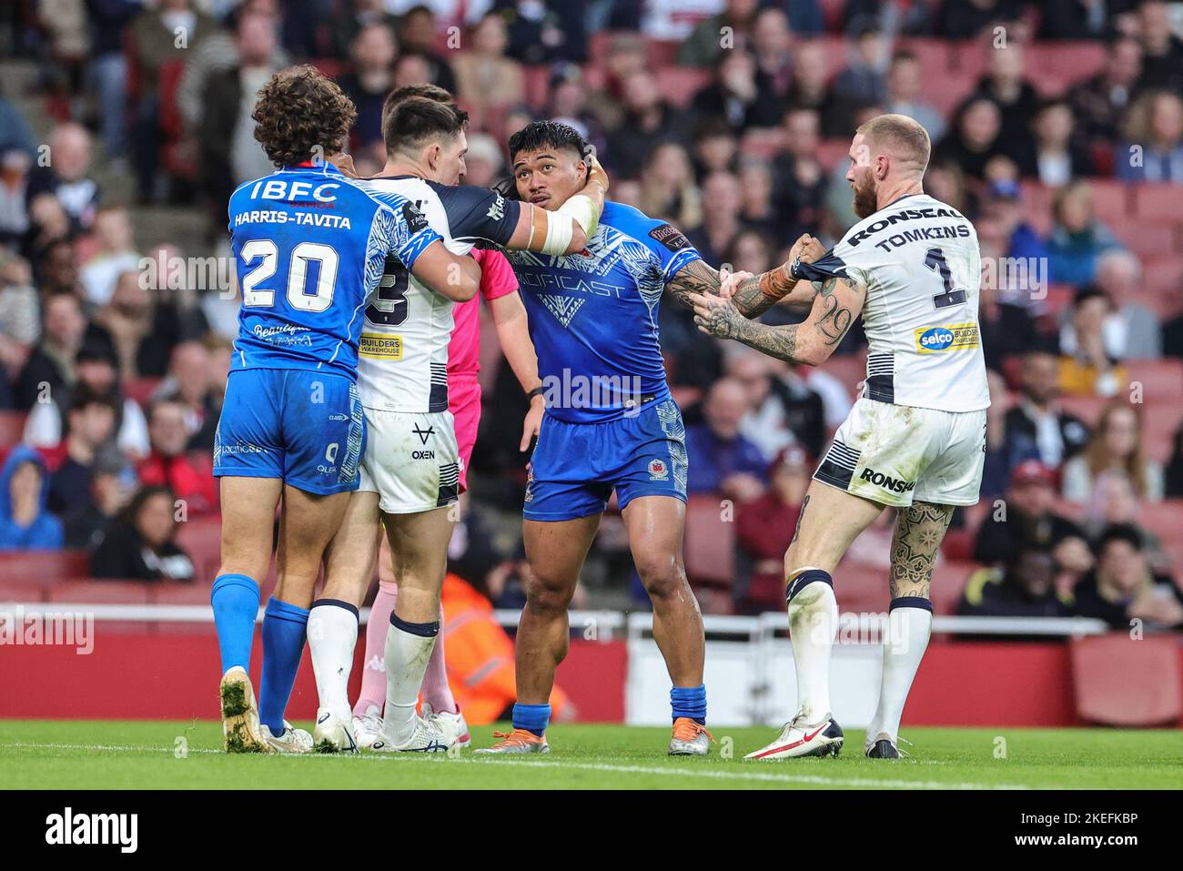 Players clash during the Rugby League World Cup 2021 Semi Final match ...