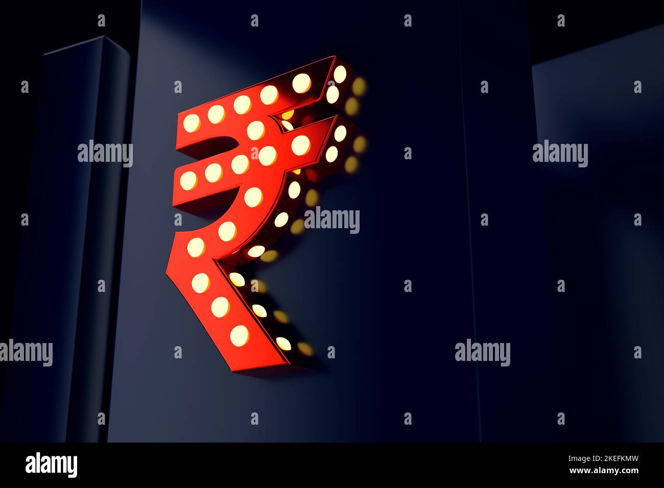 Indian Rupee symbol with light bulbs in Red Reflective Colour. 3d ...