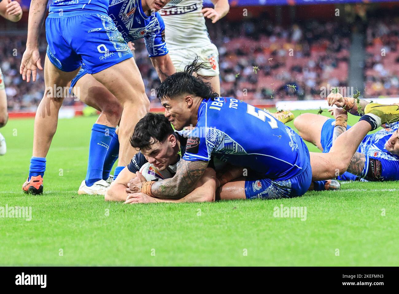 Herbie Farnworth of England goes over for a try during the Rugby League World Cup 2021 Semi ...
