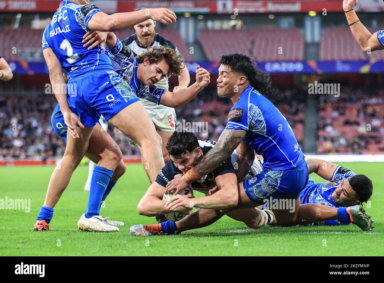 Herbie Farnworth of England goes over for a try during the Rugby League World Cup 2021 Semi ...