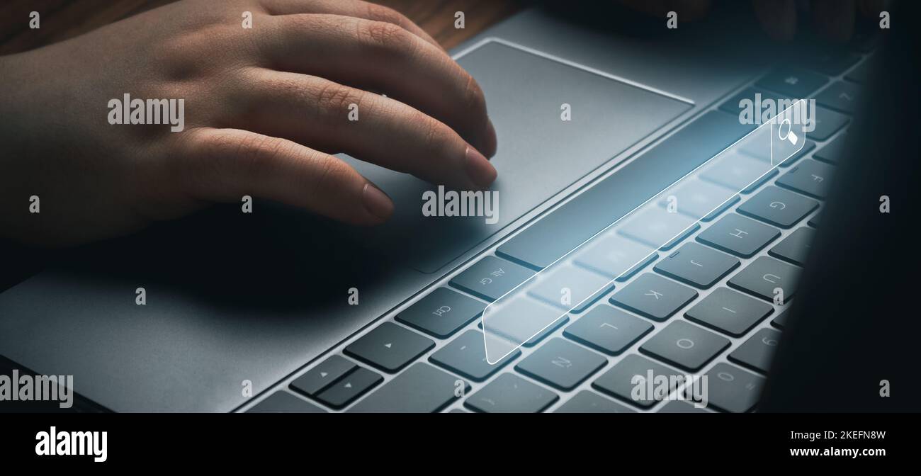 Woman using browser on laptop with search bar interface and selective ...