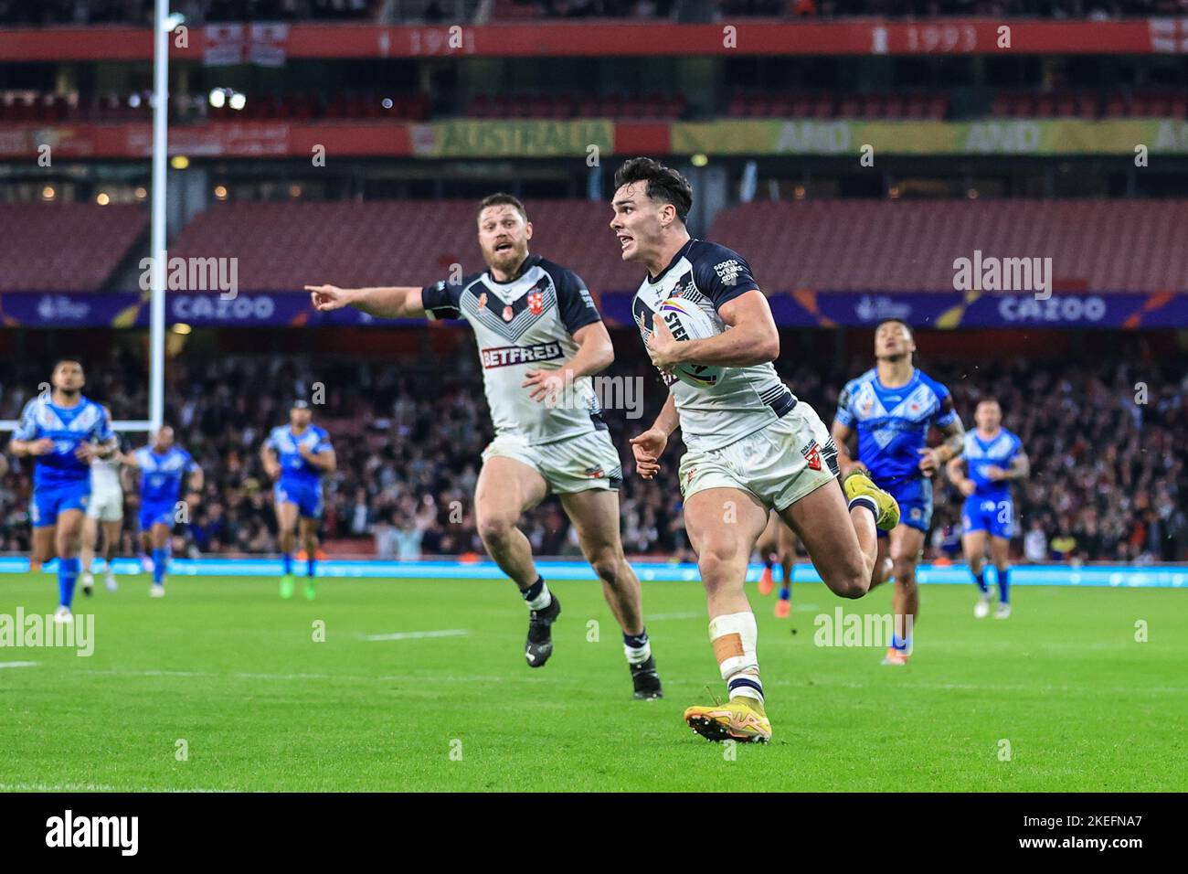 Herbie Farnworth of England goes over for a try during the Rugby League ...