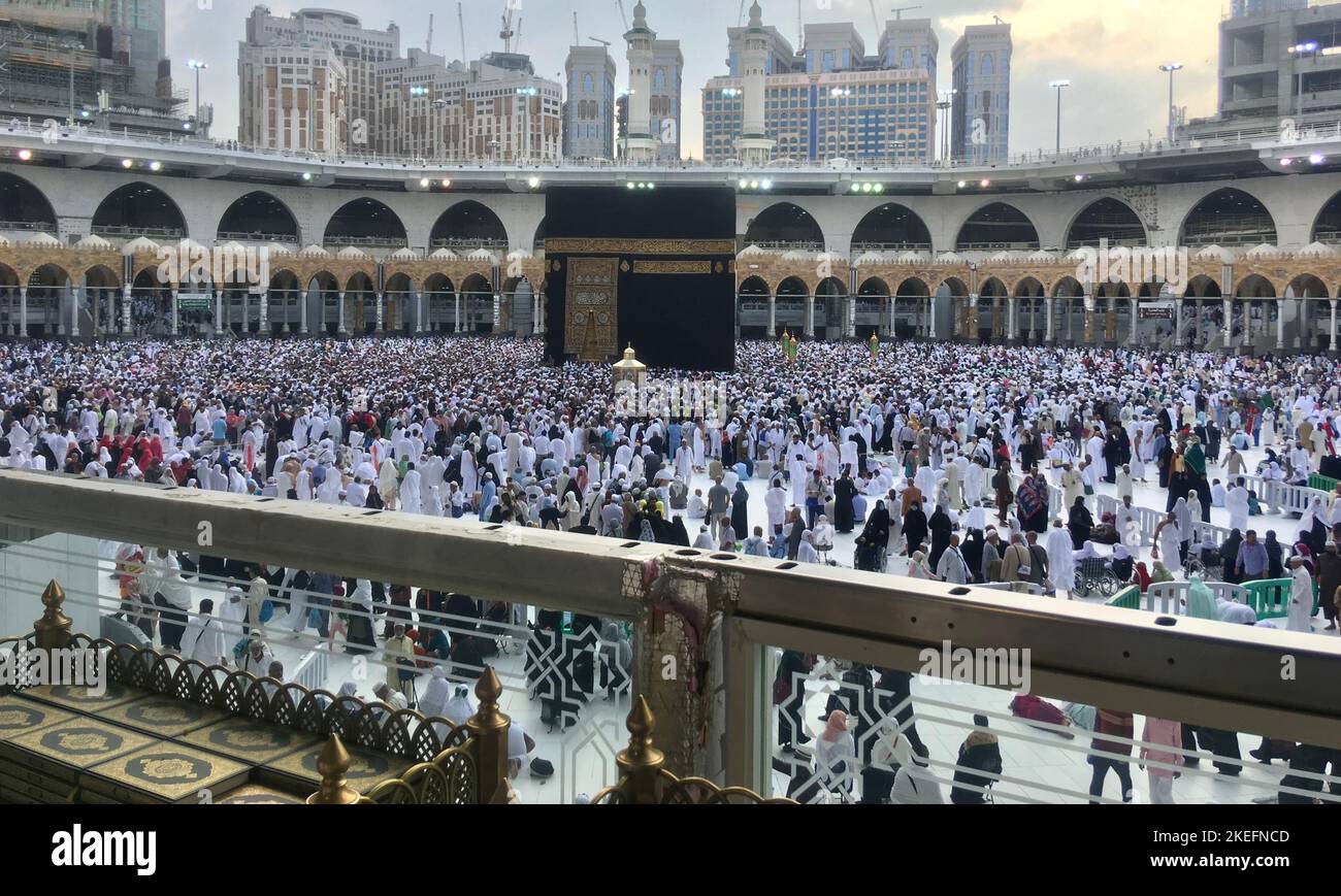 A crow of Muslim people performing Tawaf at the Kaabah, Mecca, during ...