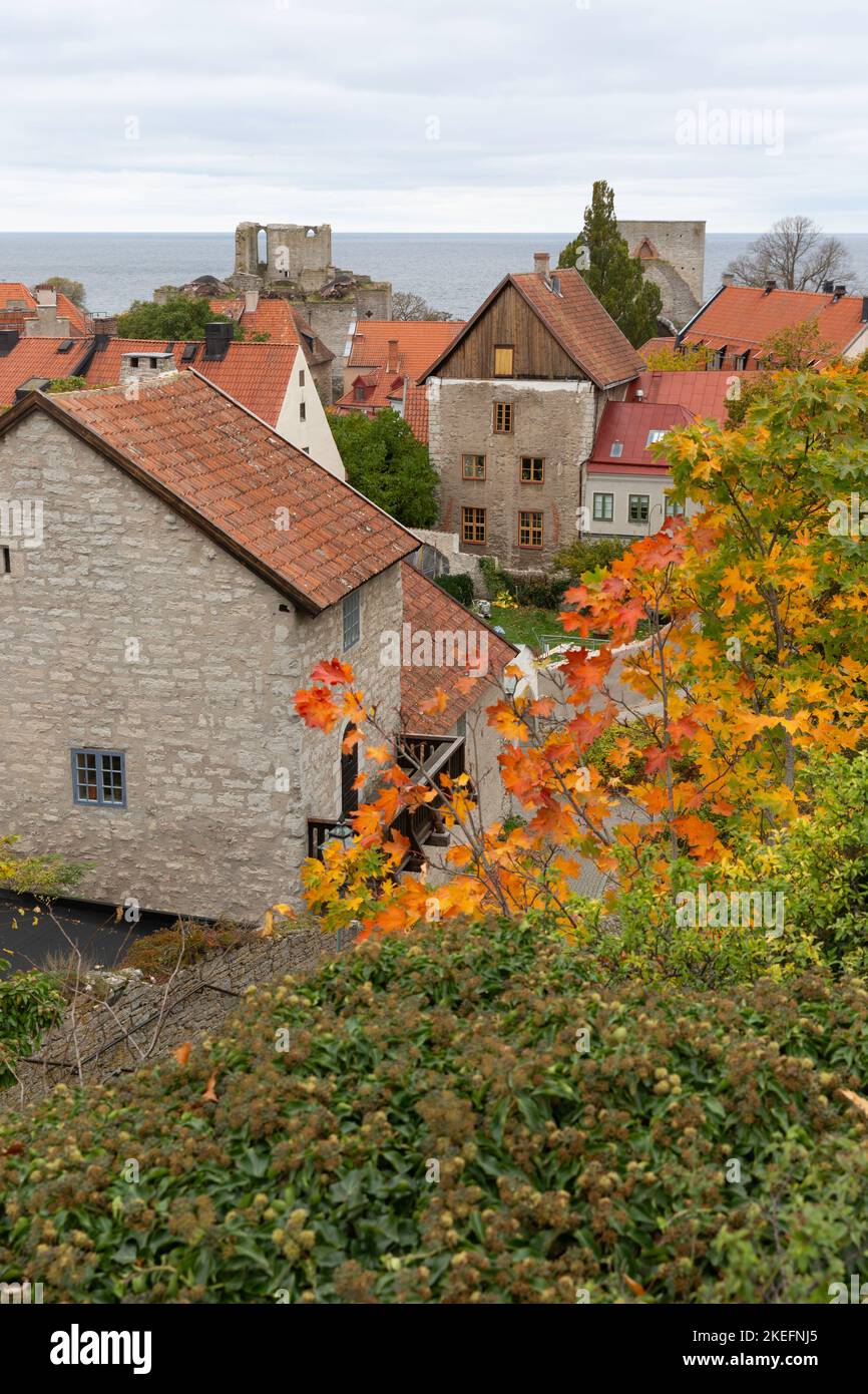 Rooftop view of the medieval town Visby, on the island of Gotland ...