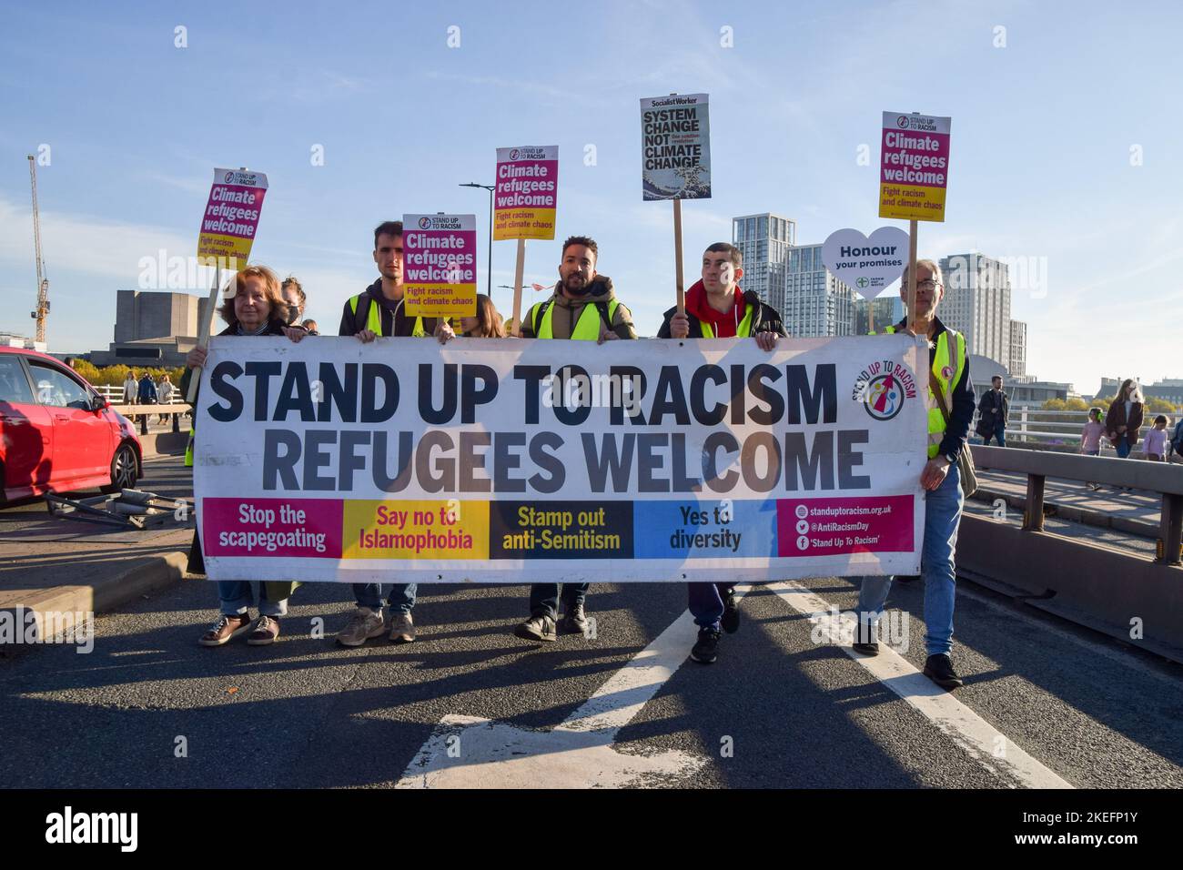 London, England, UK. 12th Nov, 2022. Protesters on Waterloo Bridge hold ...