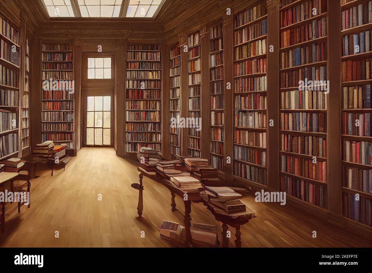library shelves with old books illustration Stock Photo - Alamy