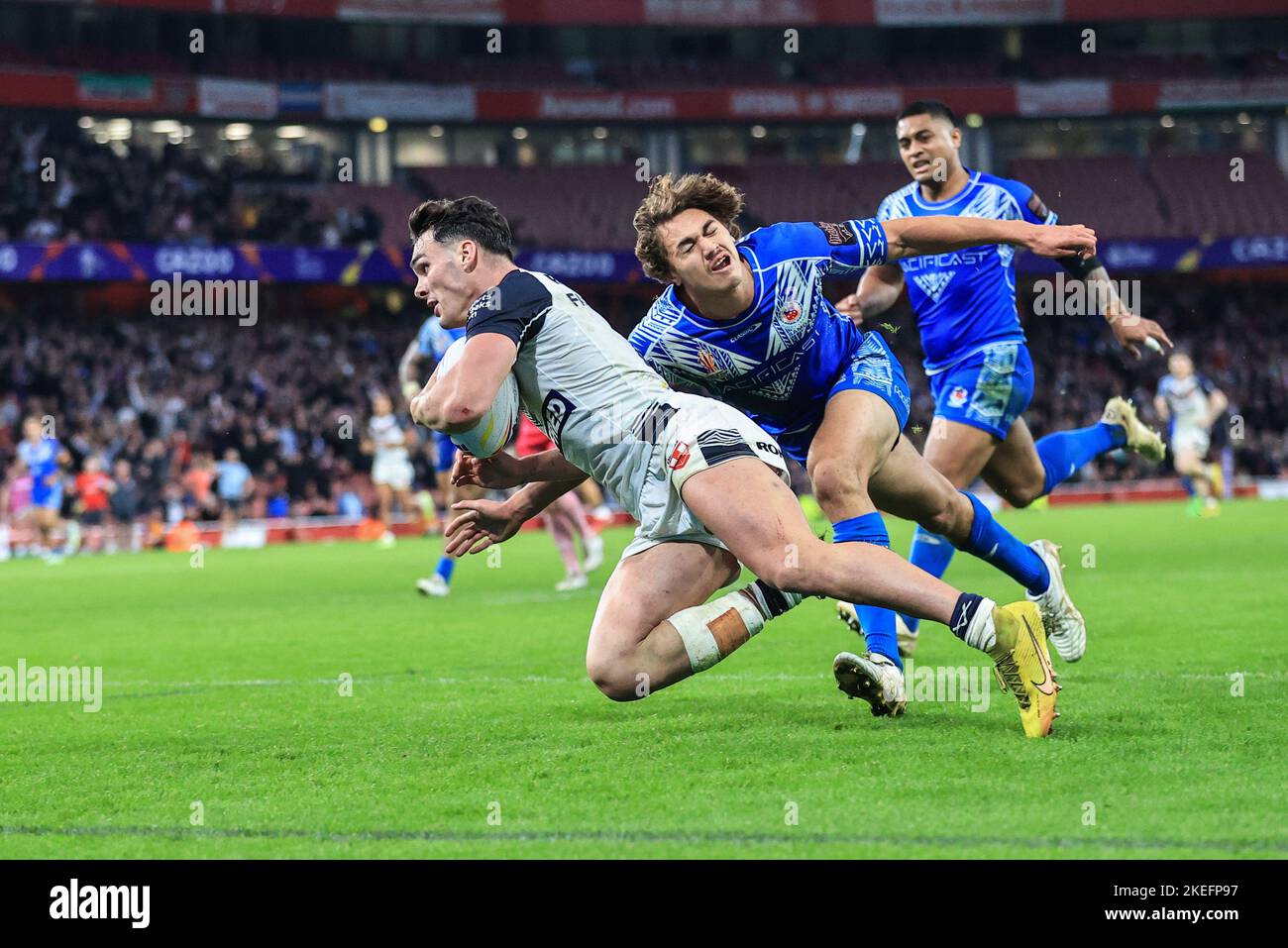 Herbie Farnworth of England goes over for a try during the Rugby League World Cup 2021 Semi ...
