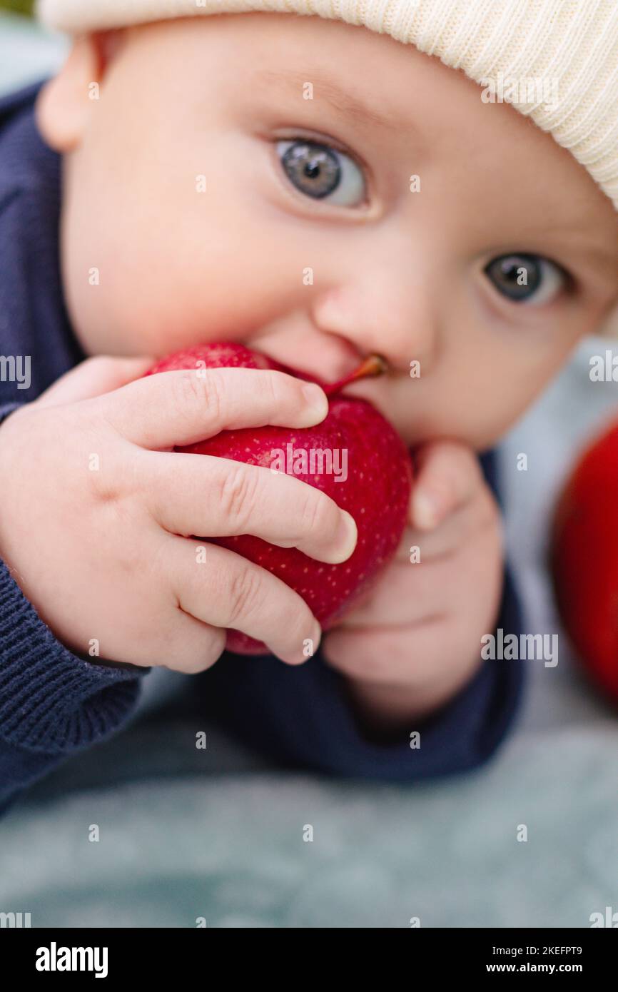 Portrait of cute adorable smiling child kid sitting eating apple fruit ...