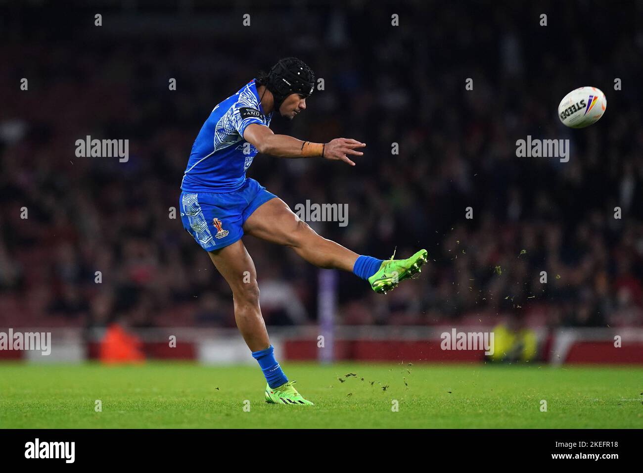 Samoa's Stephen Crichton kicks the winning drop goal during the Rugby ...