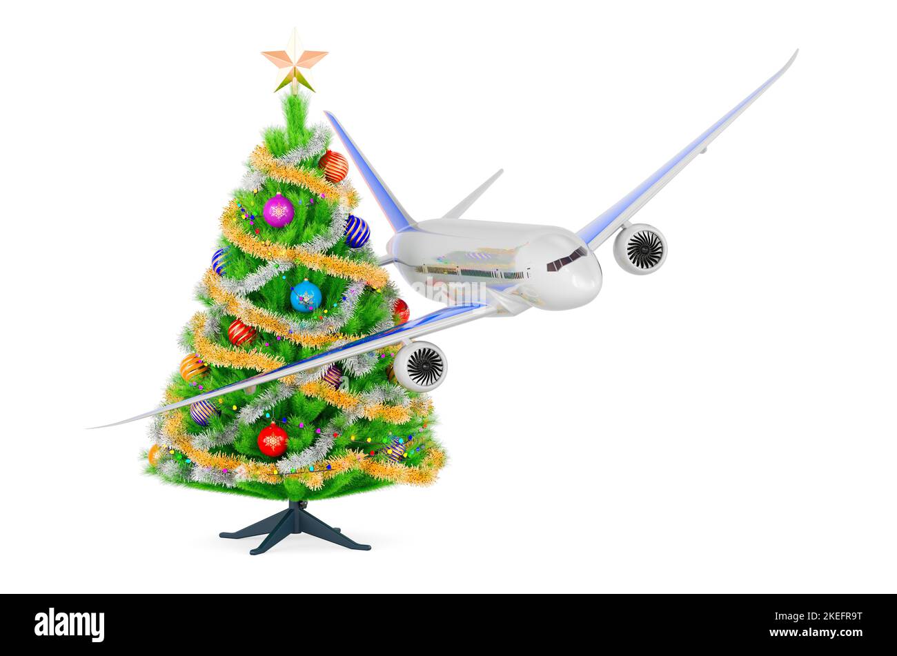 Plane with Christmas tree. Christmas holidays concept. 3D rendering ...