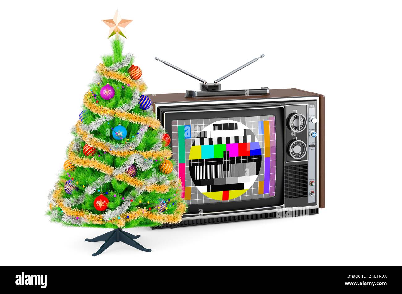 Retro TV set with Christmas tree. 3D rendering isolated on white ...
