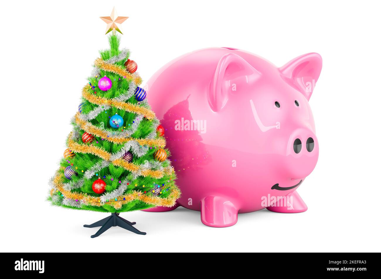 Piggy bank with blue Christmas tree. 3D rendering isolated on white ...