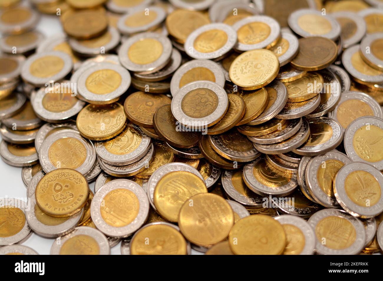 Large amount of Egyptian coins, Piles of 1 EGP LE one Egyptian pound ...