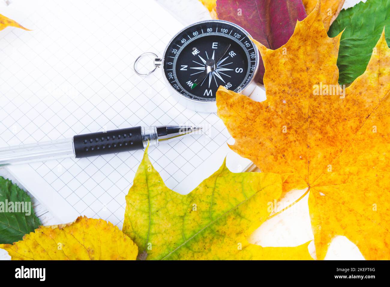 Traveller's Notes. Compass and notepad for notes in bright autumn ...