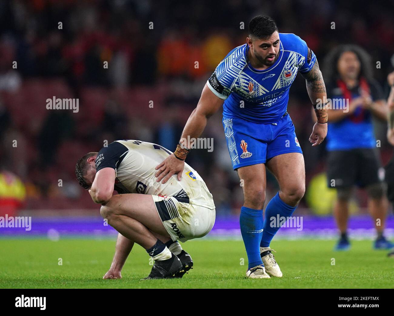 Samoa's Royce Hunt consoles England's Elliott Whitehead after the Rugby ...