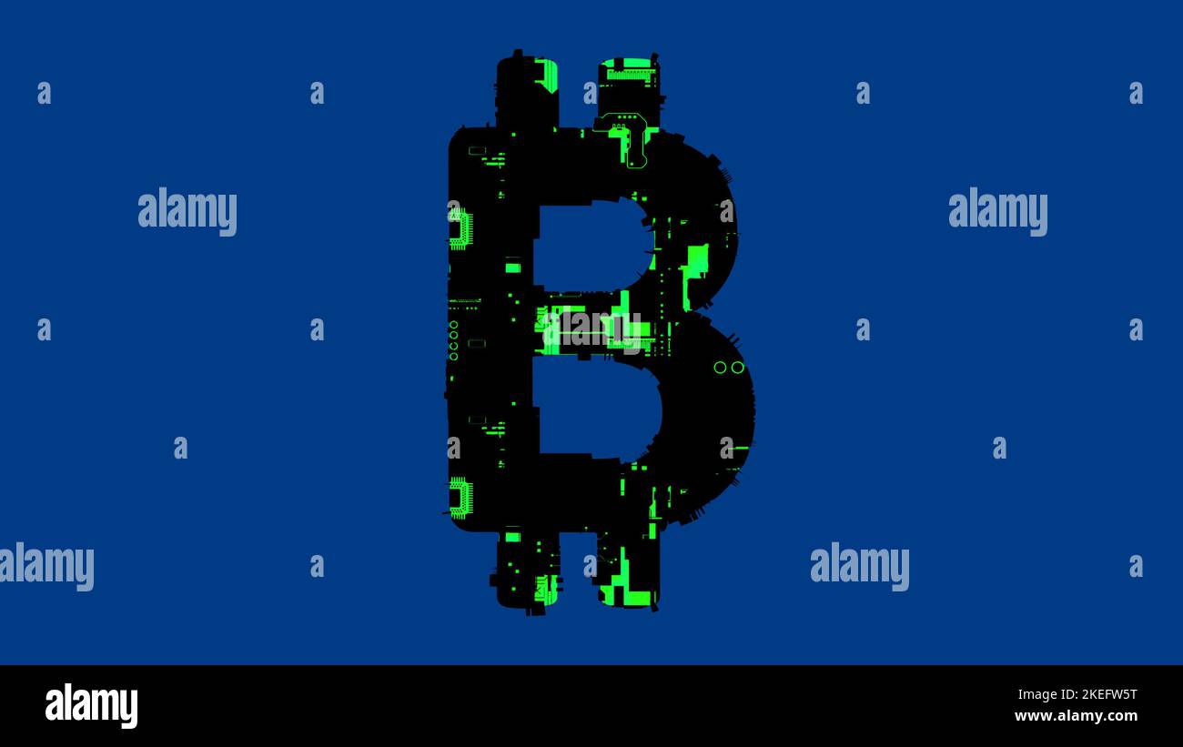 bitcoin sign - hi-tech cyberpunk black and green alphabet on blue ...