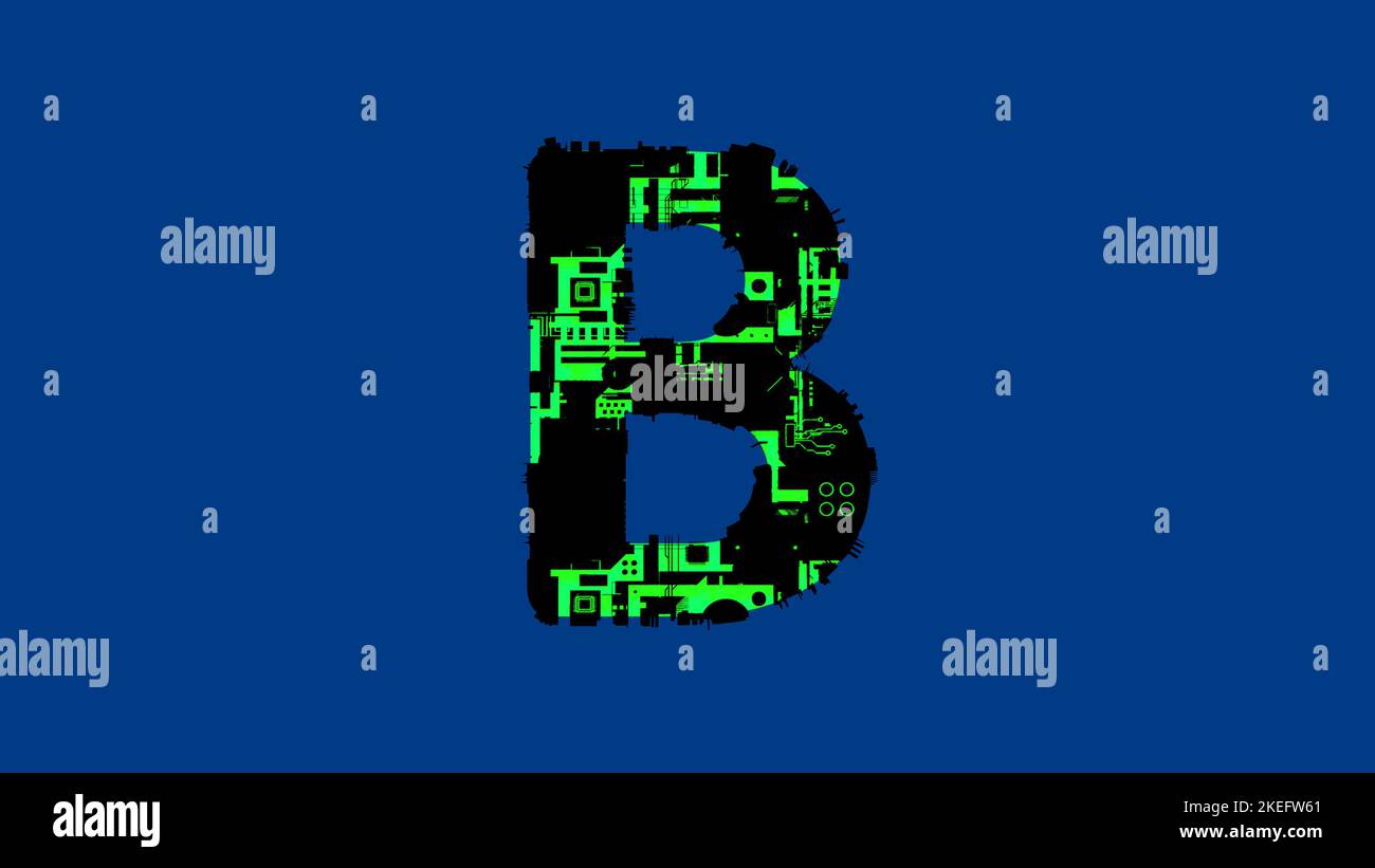 letter B - hi-tech cyber punk black and green font on blue, isolated ...