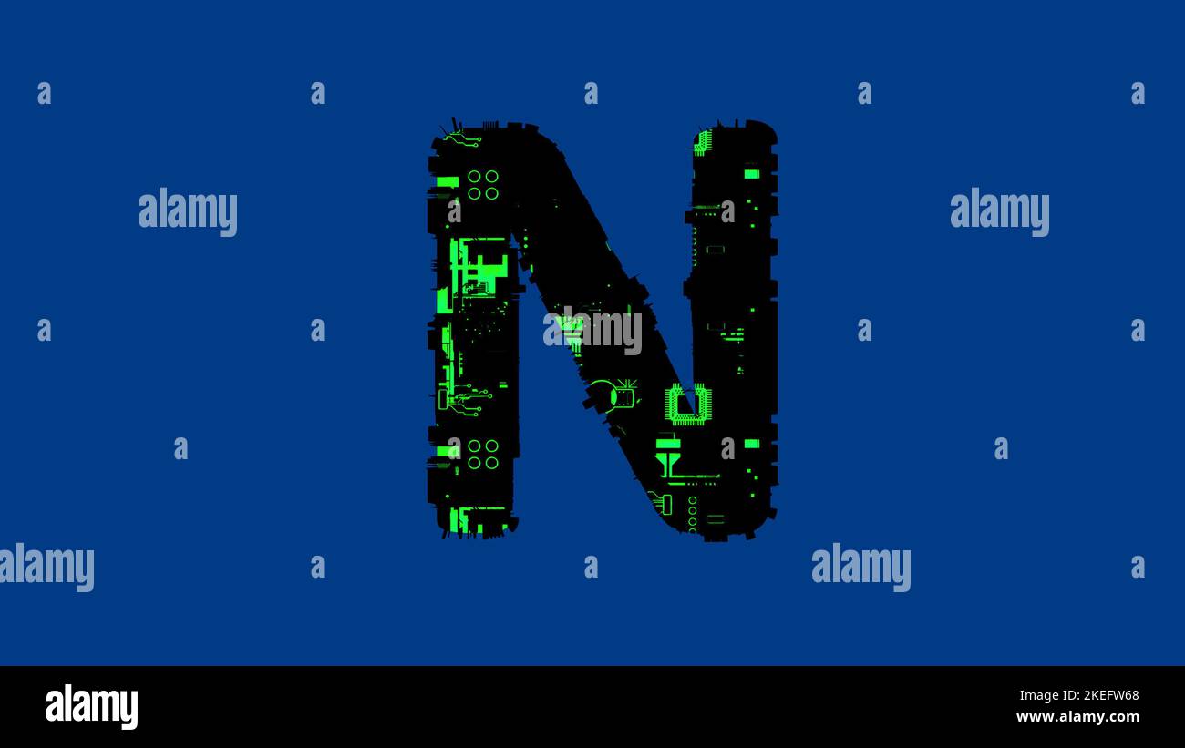 letter N - hi-tech cyberpunk black and green alphabet on blue, isolated ...