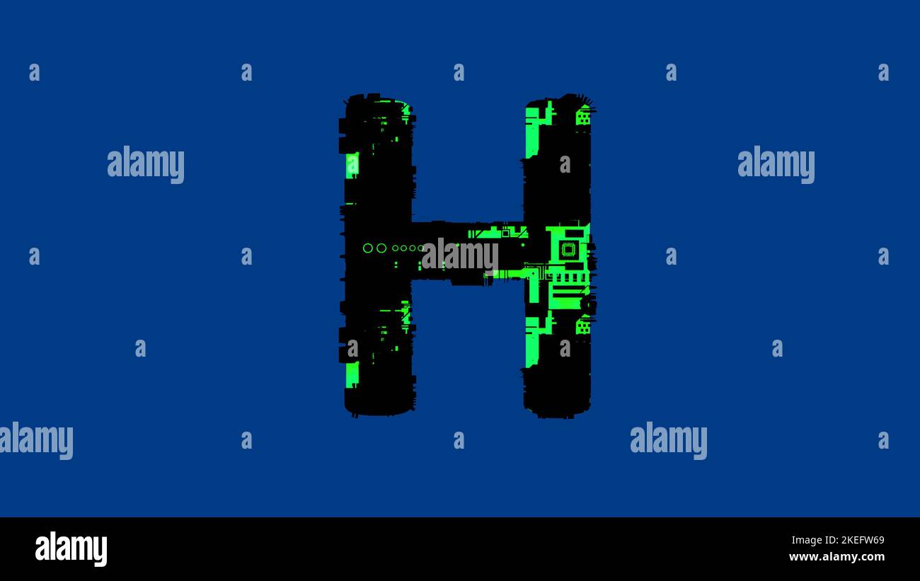 letter H - hi-tech cyberpunk black and green alphabet on blue, isolated ...