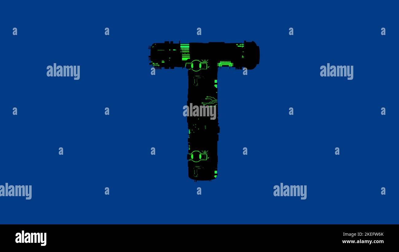letter T - hi-tech cyber punk black and green font on blue, isolated ...